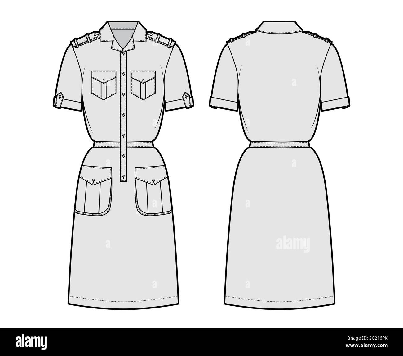 Dress safari technical fashion illustration with short sleeves, flap ...