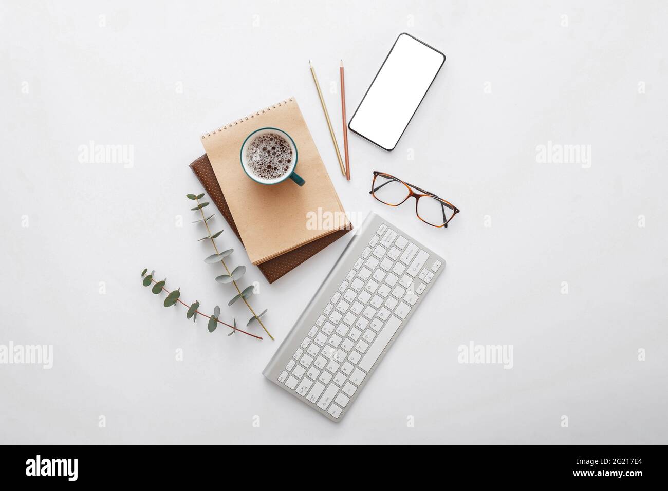 Mobile phone mockup on modern workspace desk. Empty phone screen mock ...