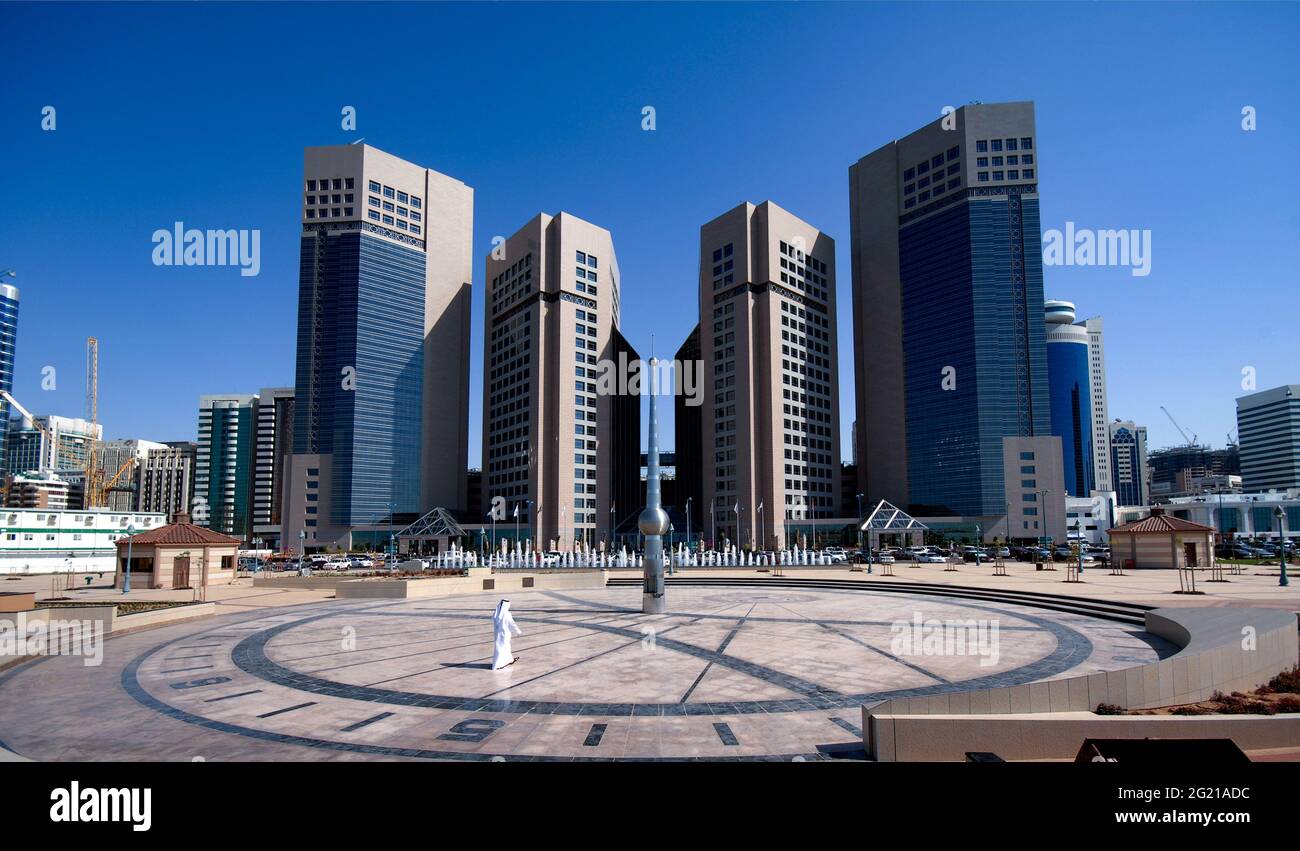 cityscape with a giant sun dial from Abu Dhabi, the capital of UAE ...