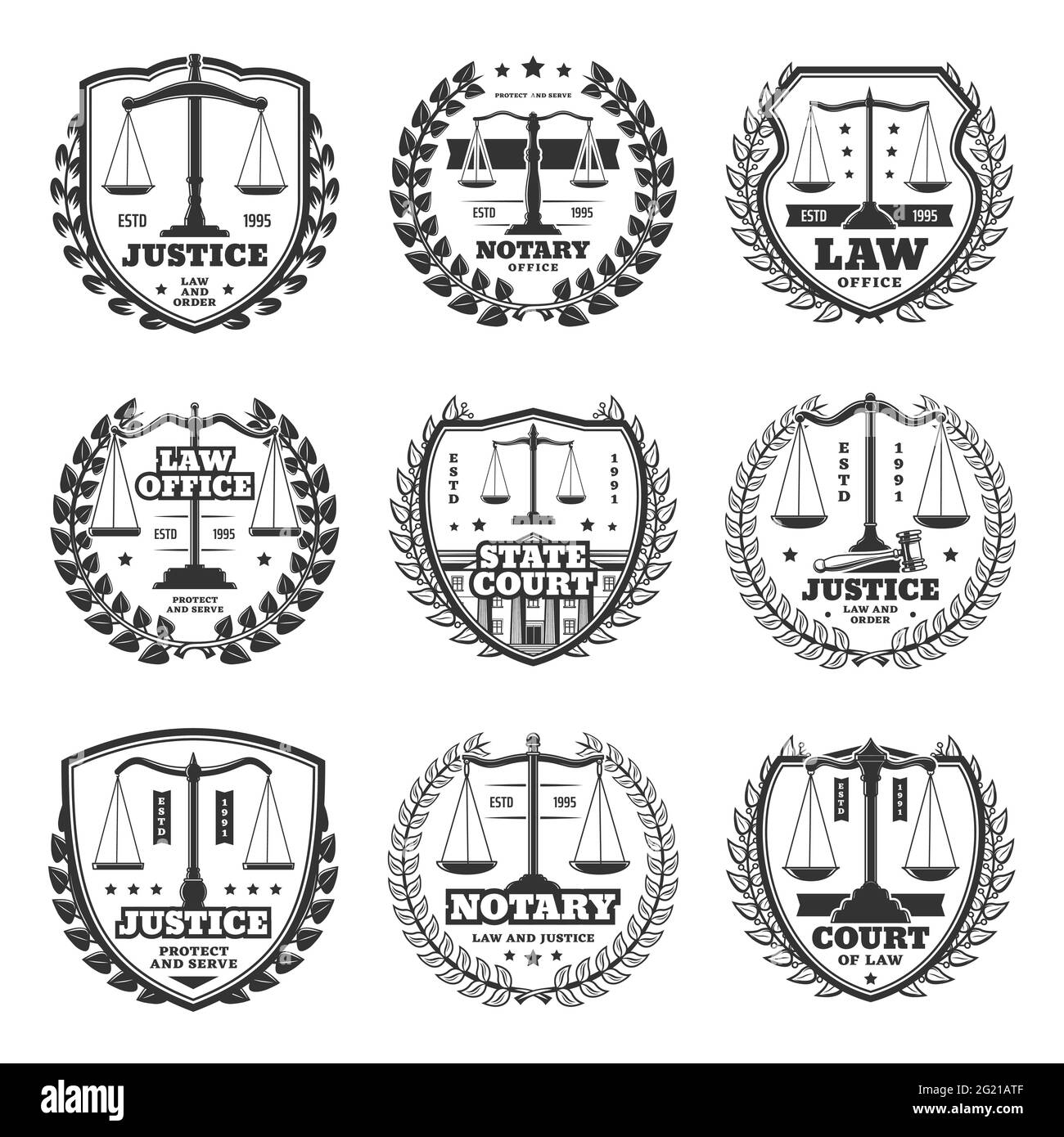 Notary office and court icons, justice service retro emblems and labels ...