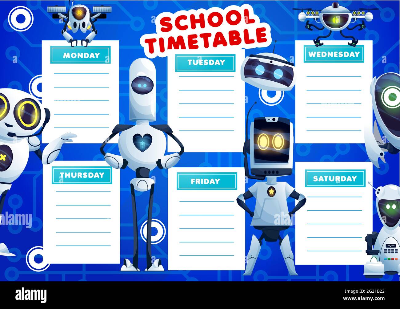 Kids timetable schedule with cartoon robots. School lessons vector ...