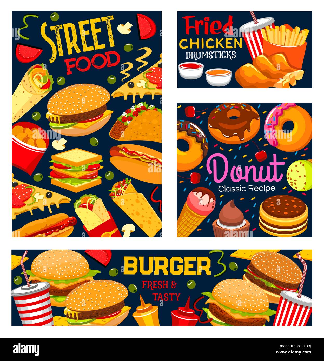 Street food, takeaway meals vector burger, hot dog, pizza and sandwich ...