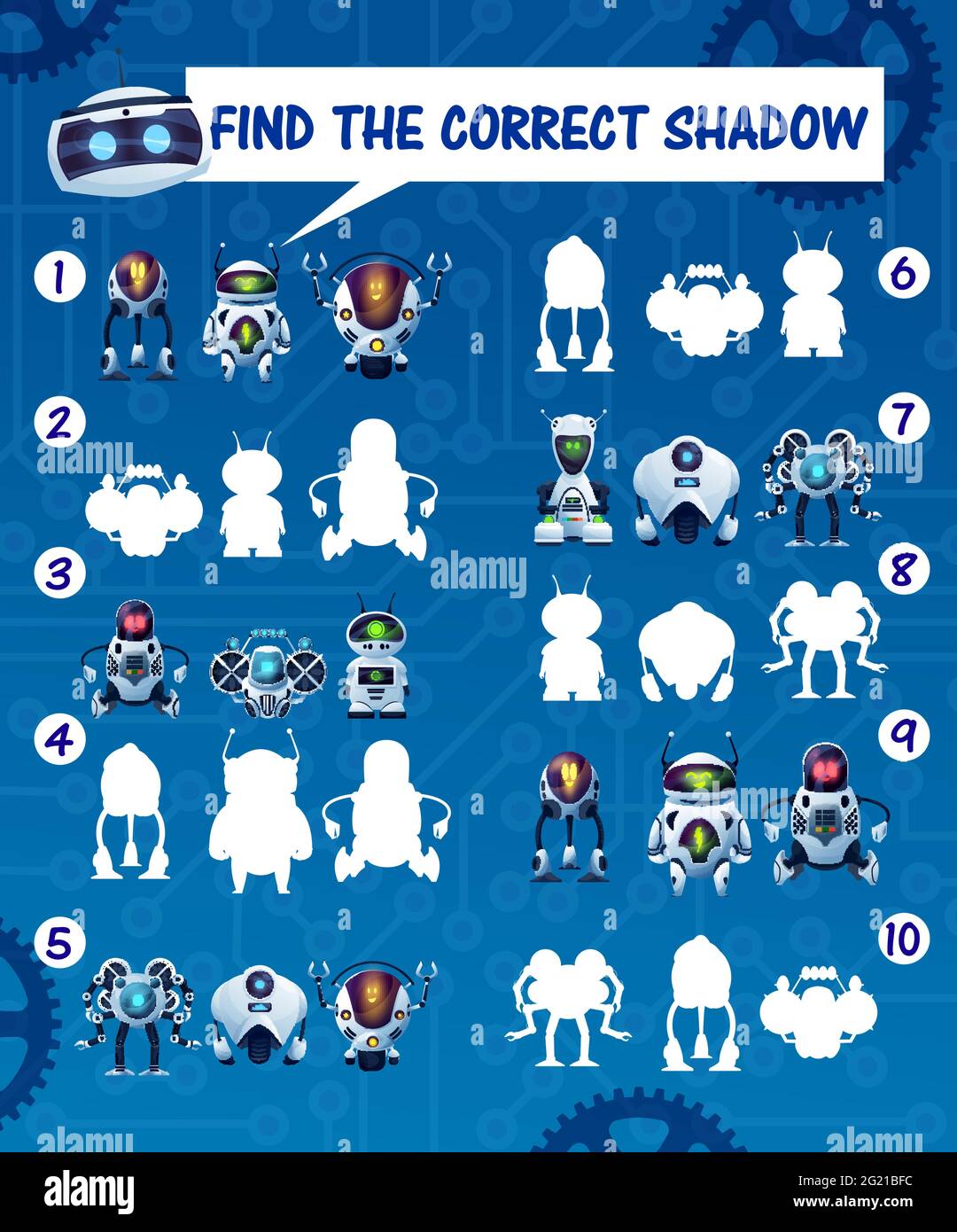 Kids game find the robot shadows, vector riddle match correct cyborg ...