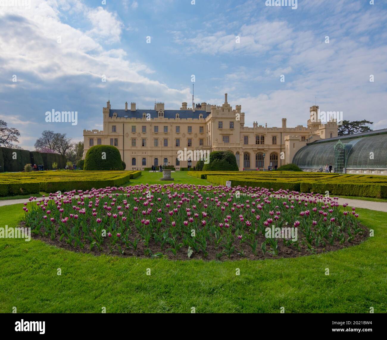 View of Lednice castle with beautiful park and garden in spring, Neo ...