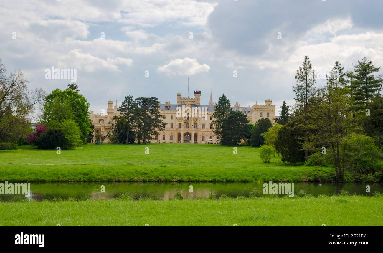 View of Lednice castle with beautiful park and garden in spring, Neo ...