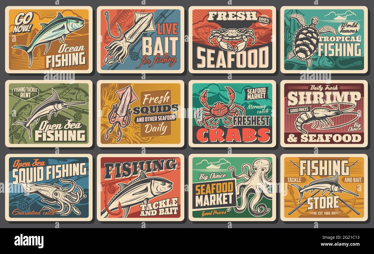 Seafood vector retro posters, fishing catch, fish gourmet restaurant ...