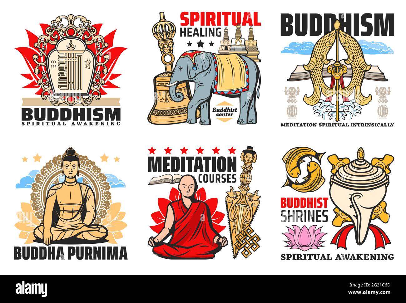 Buddhism religion icons, Buddha Purnima and meditation courses emblems ...
