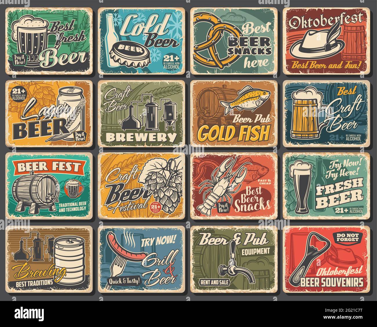 Craft beer festival, brewery and snacks tin signs. Beer brewing and pub ...