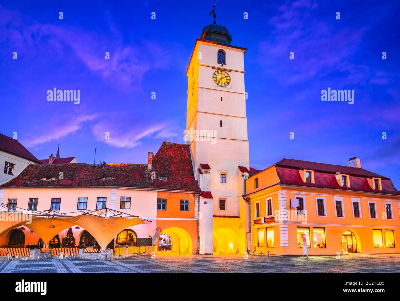 Sibiu, Romania. Twilight image of Council Tower in Large Square ...