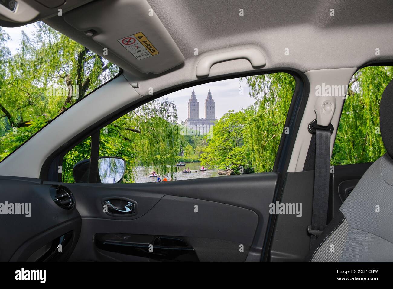 Looking through a car window with view of Central Park, Manhattan, New ...
