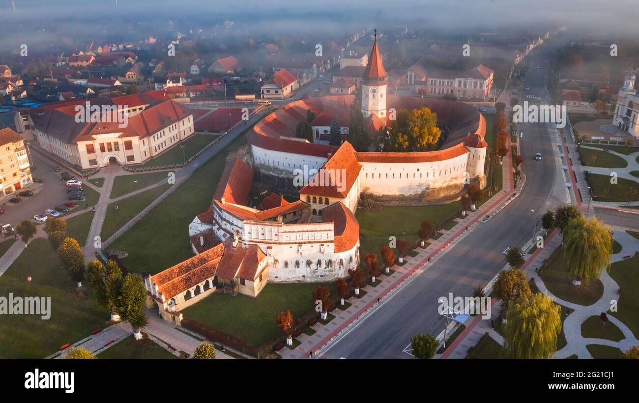 Prejmer, Romania. Aerial view of fortified church powerful thick walls ...