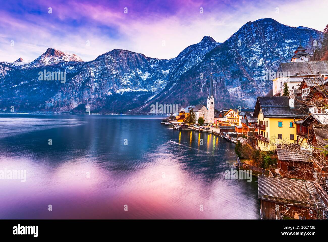 Hallstatt, Austria - Colored sunset, postcard view of famous Alps ...