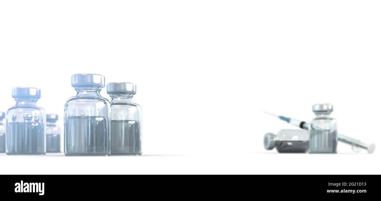Liquid drugs and syringes on a white background. 3d illustration of ...