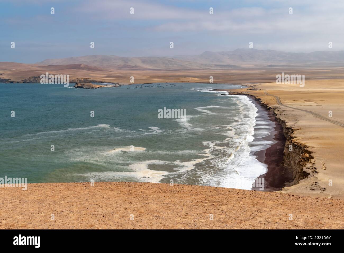 High angle scenic view of red sand beach, Paracas National Reserve ...