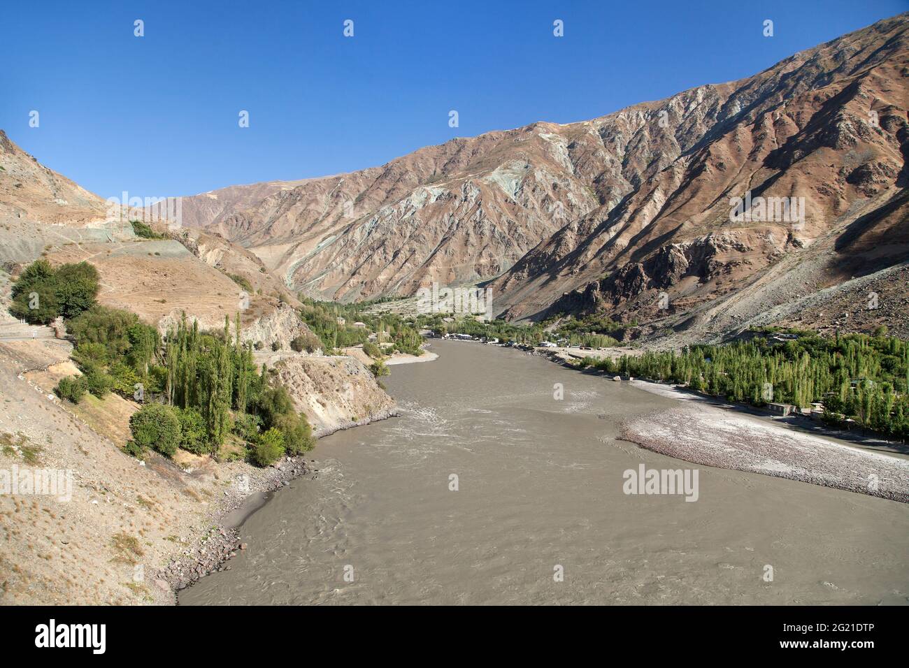 Pamir highway M41 international road or pamirskij trakt. Panj river and ...