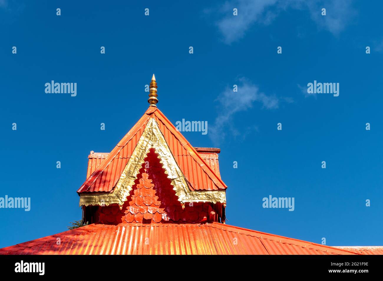 Roof detail of the Jakhu Temple against blue sky in Shimla, Himachal ...