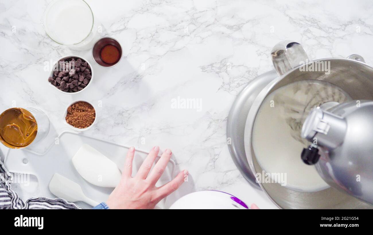 Flat lay. Step by step. Preparing homemade chocolate ice cream in a ...