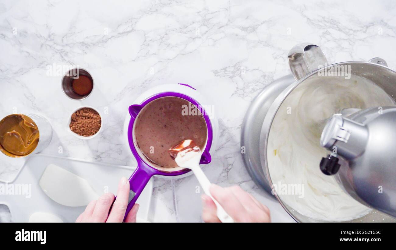 Flat lay. Step by step. Preparing homemade chocolate ice cream in a ...