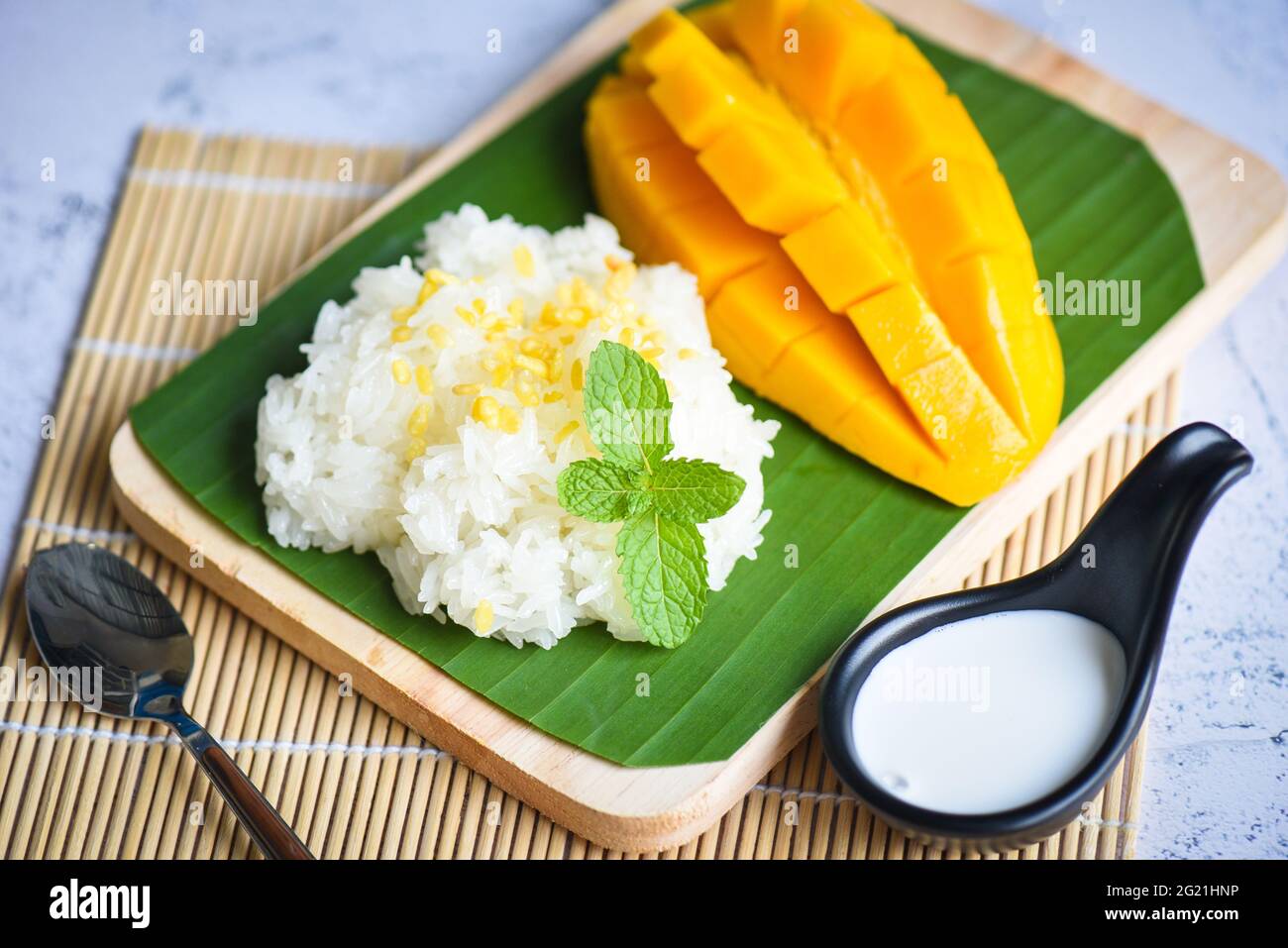 Ripe mango rice cooked with coconut milk, Sticky rice summer tropical ...