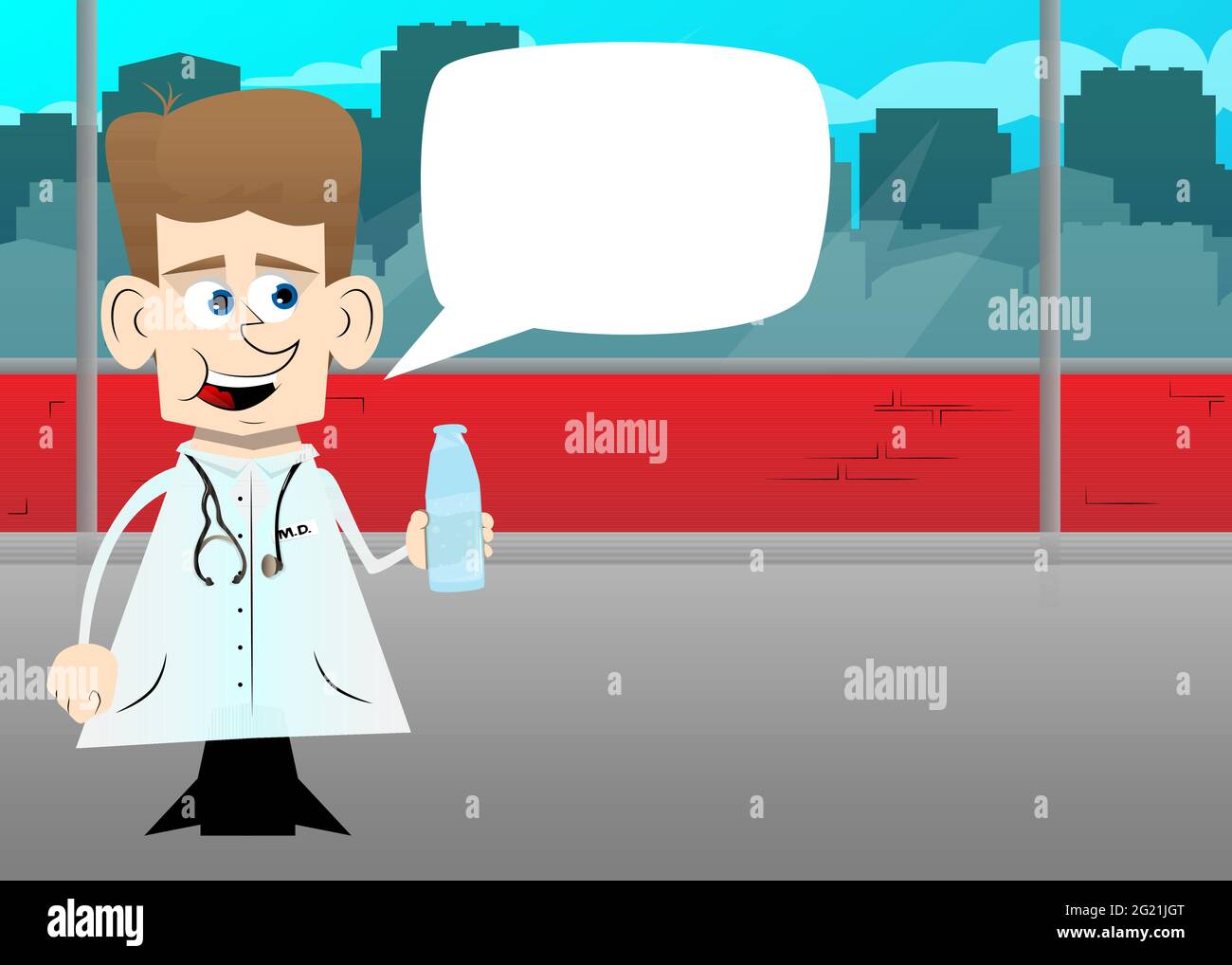 Funny cartoon doctor holding a glass of water. Vector illustration ...