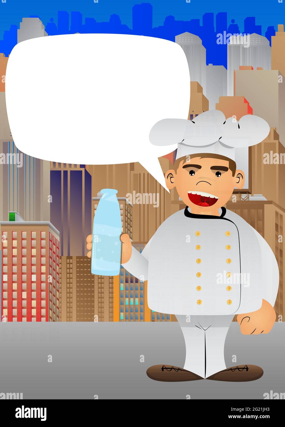 Fat male cartoon chef in uniform holding a glass of water. Vector ...