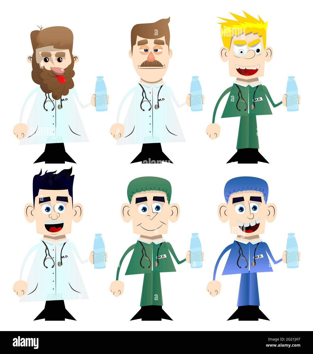 Funny cartoon doctor holding a glass of water. Vector illustration ...