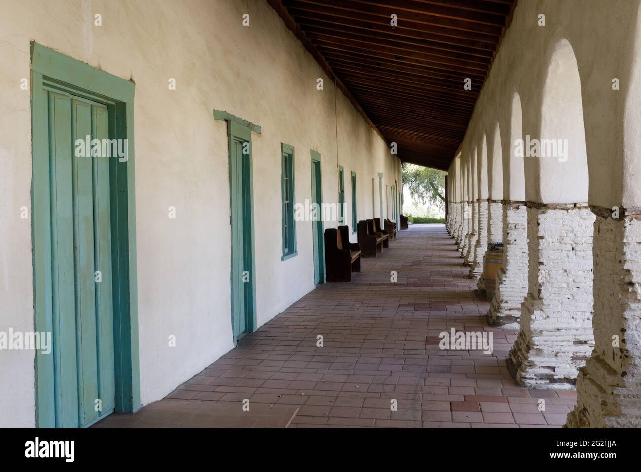 Typical exterior corridor of an old Spanish Mission in California Stock ...