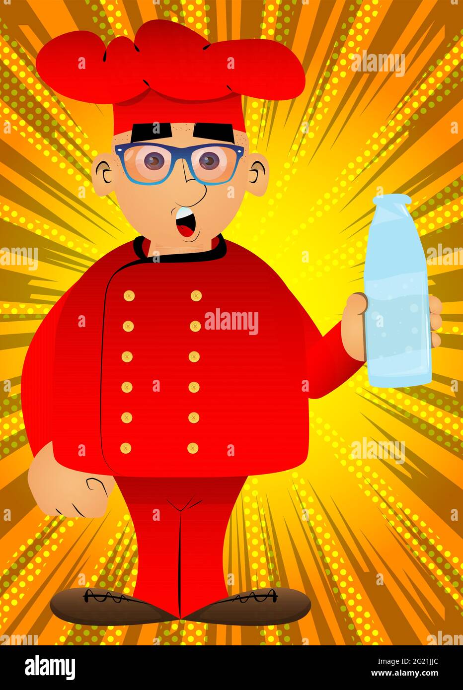 Fat male cartoon chef in uniform holding a glass of water. Vector ...