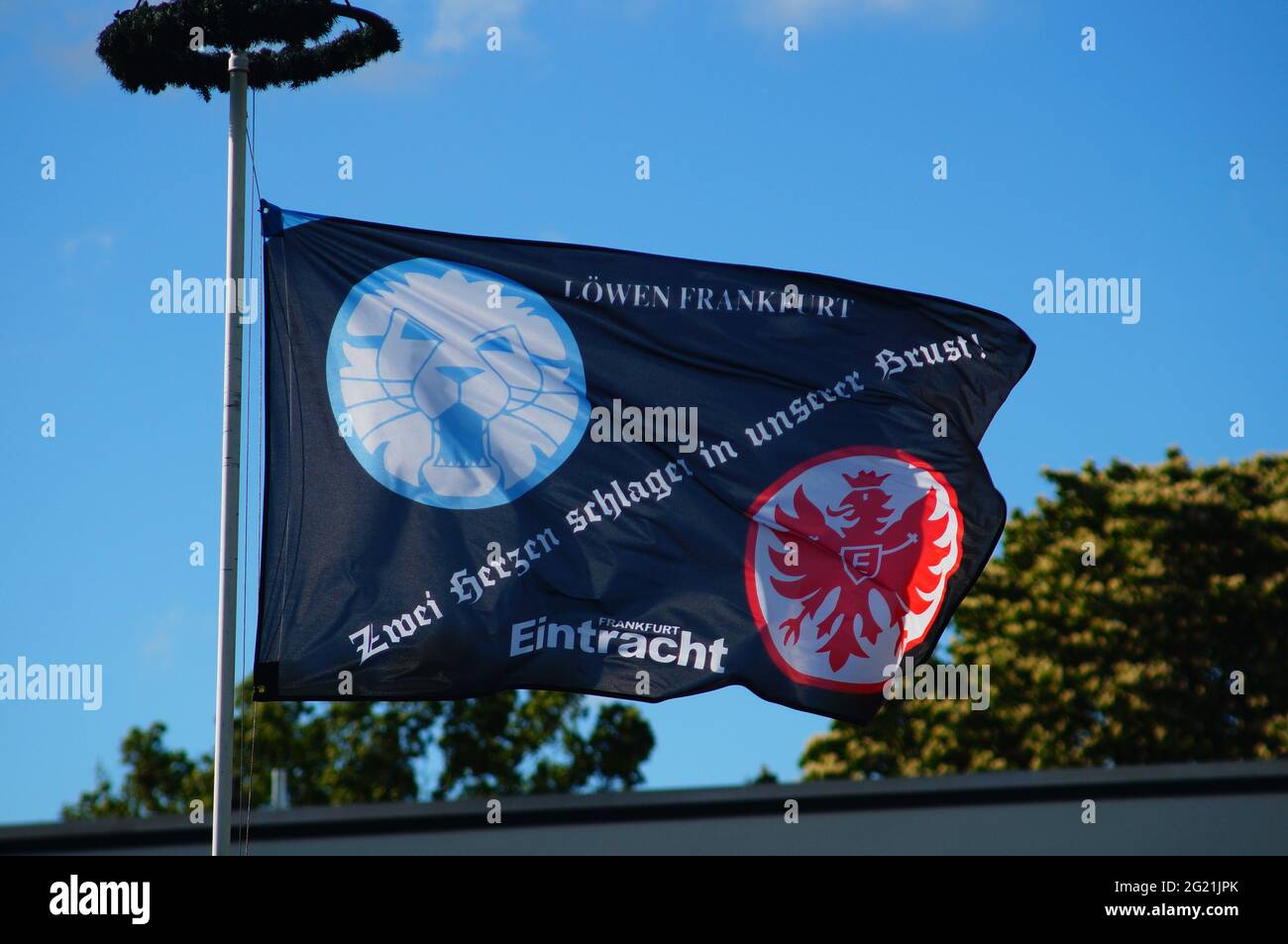 A fan banner for the local sports clubs in an allotment in Frankfurt ...