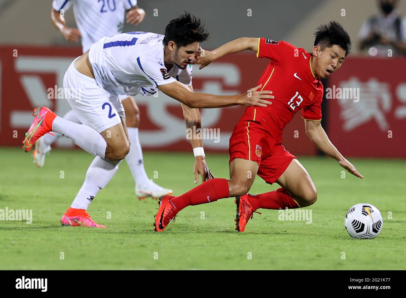 Sharjah. 8th June, 2021. Jin Jingdao (R) of China vies with Mark ...
