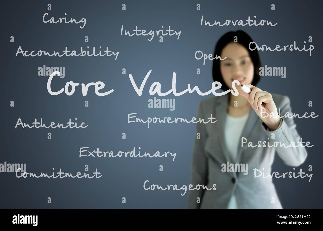 businesswoman with pen writing on the screen.Core values Stock Photo ...