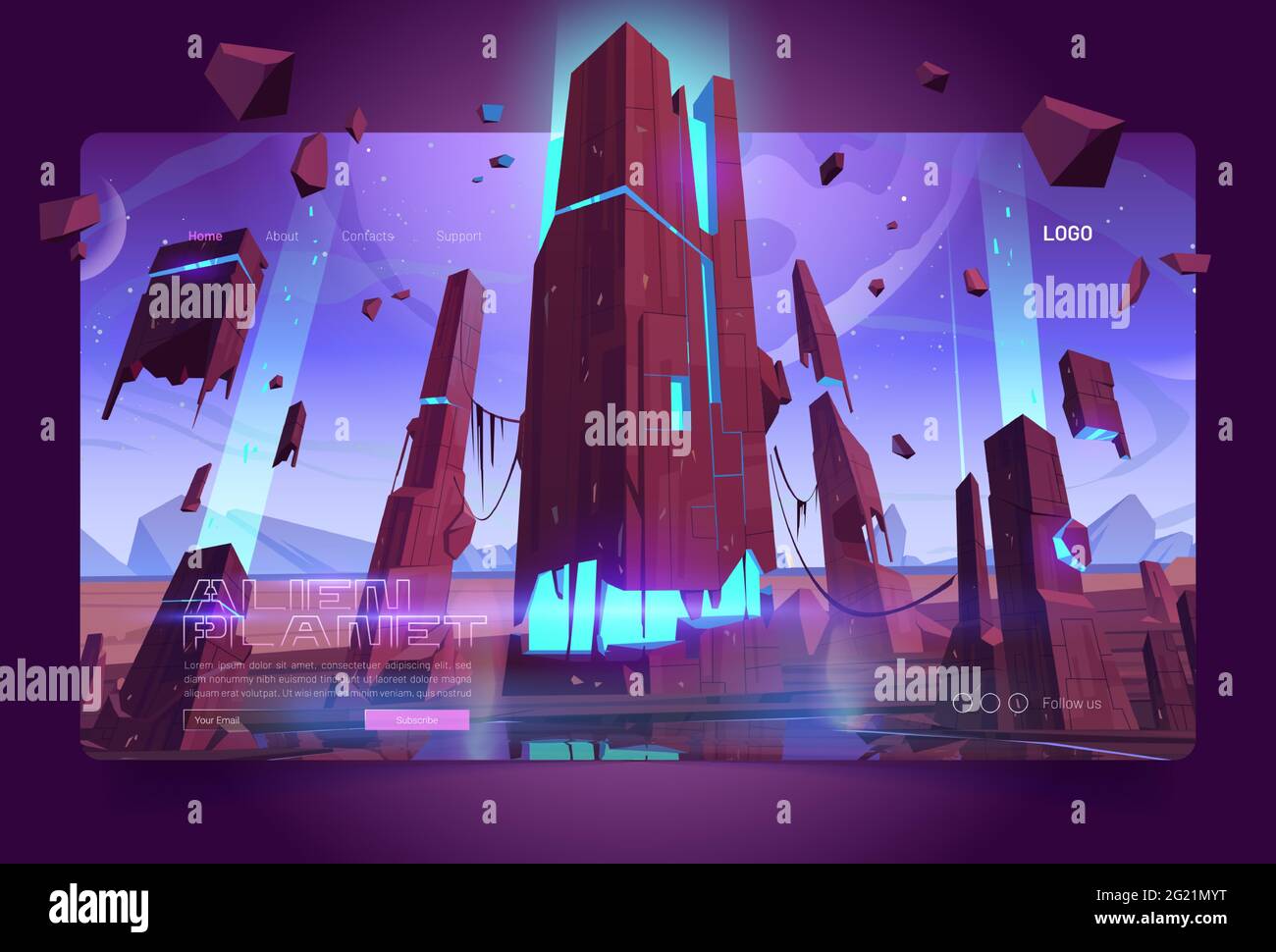 Alien planet banner with land surface and futuristic building ruins ...