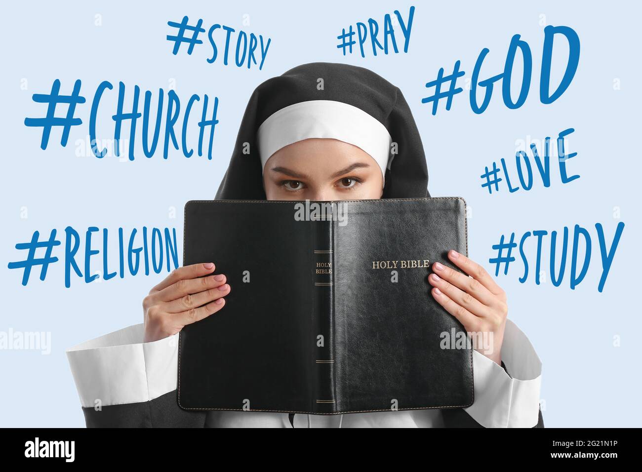 Young nun with Bible on light background Stock Photo - Alamy