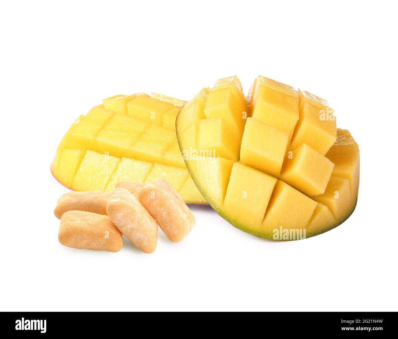 Mango chewing gum on white background Stock Photo - Alamy