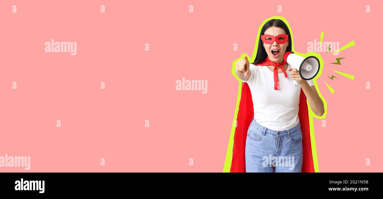 Screaming woman in superhero costume and with megaphone on color ...
