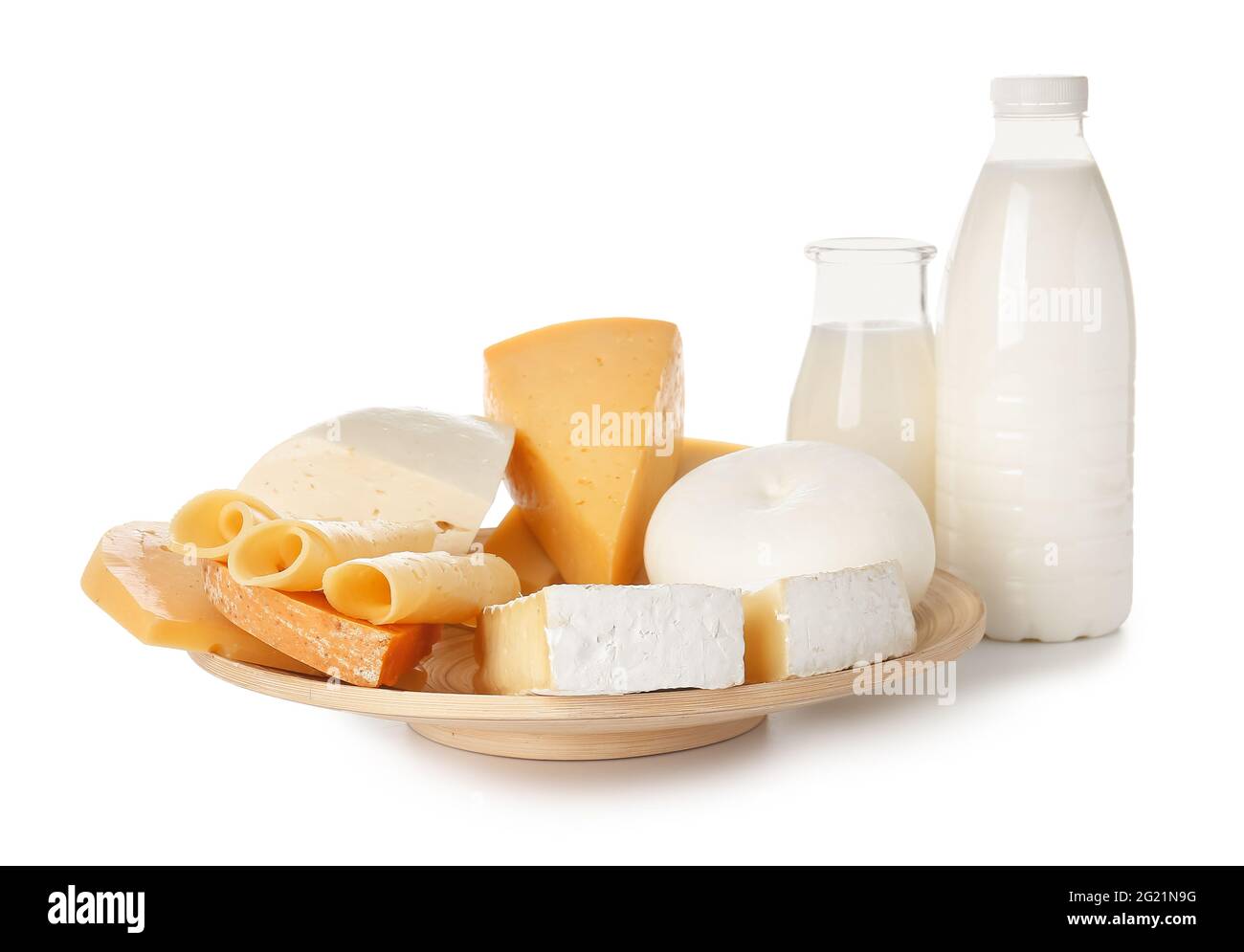 Different dairy products on white background Stock Photo - Alamy