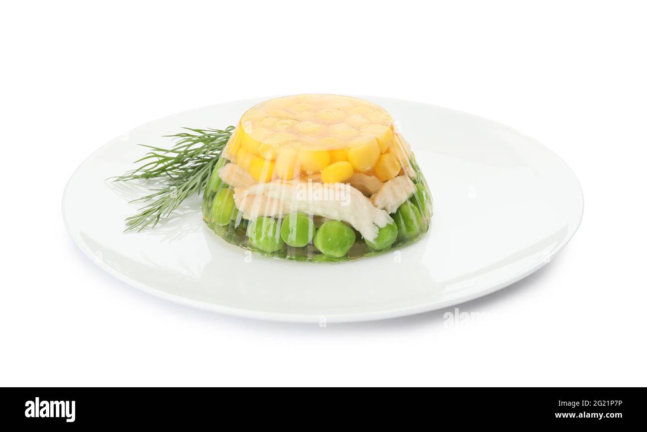 Plate with tasty aspic on white background Stock Photo - Alamy