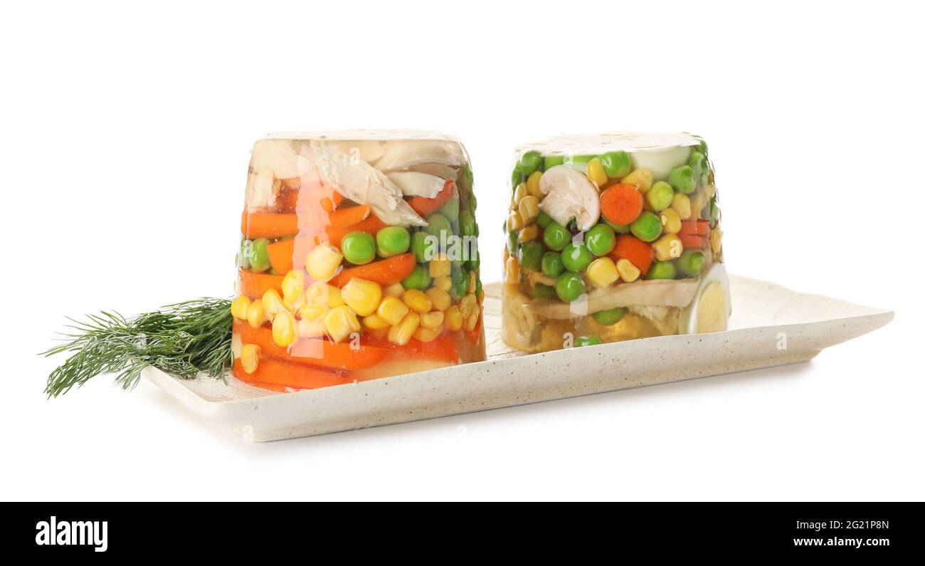 Plate with tasty aspic on white background Stock Photo - Alamy