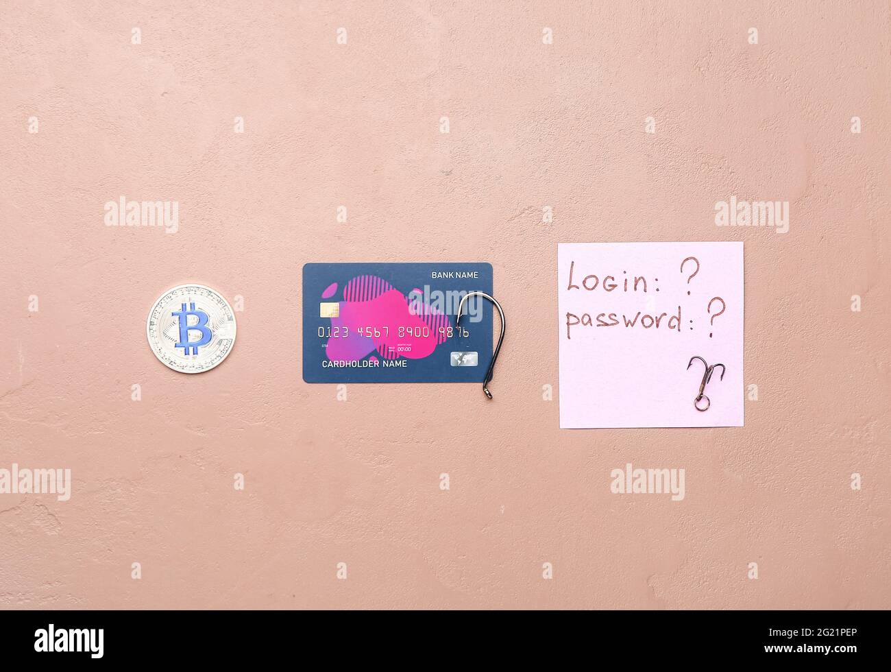Credit card, bitcoin, hooks and paper with text LOGIN, PASSWORD on ...