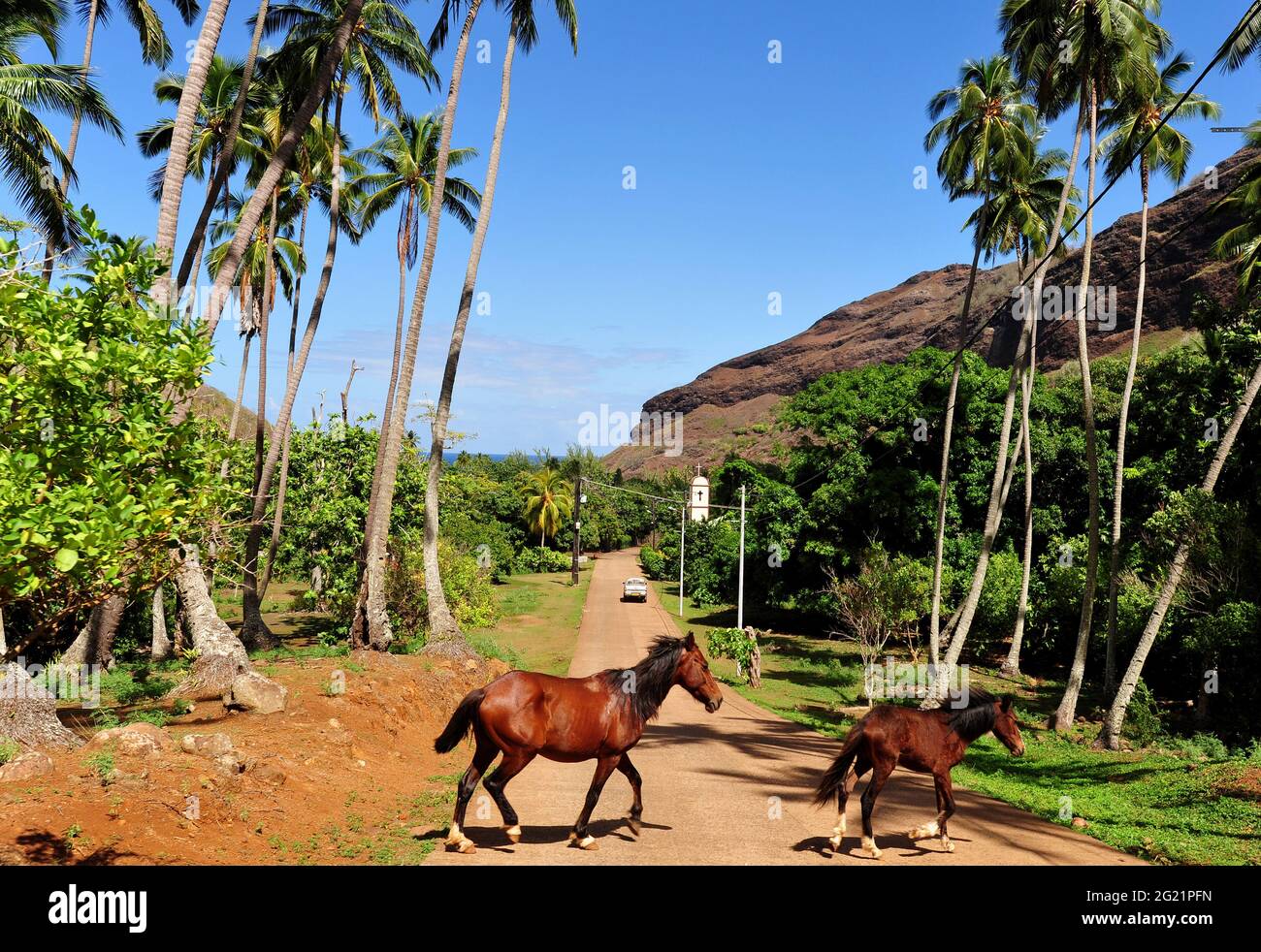 FRENCH POLYNESIA. MARQUESAS ISLANDS. ISLAND OF UA HUKA. BAY AND VILLAGE ...