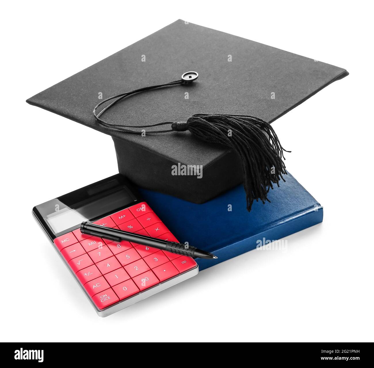Graduation hat with calculator on white background Stock Photo - Alamy