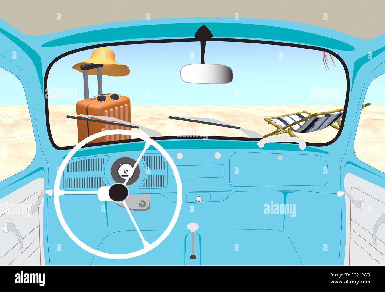 View inside of vintage beetle car driving to beach on summer holiday ...