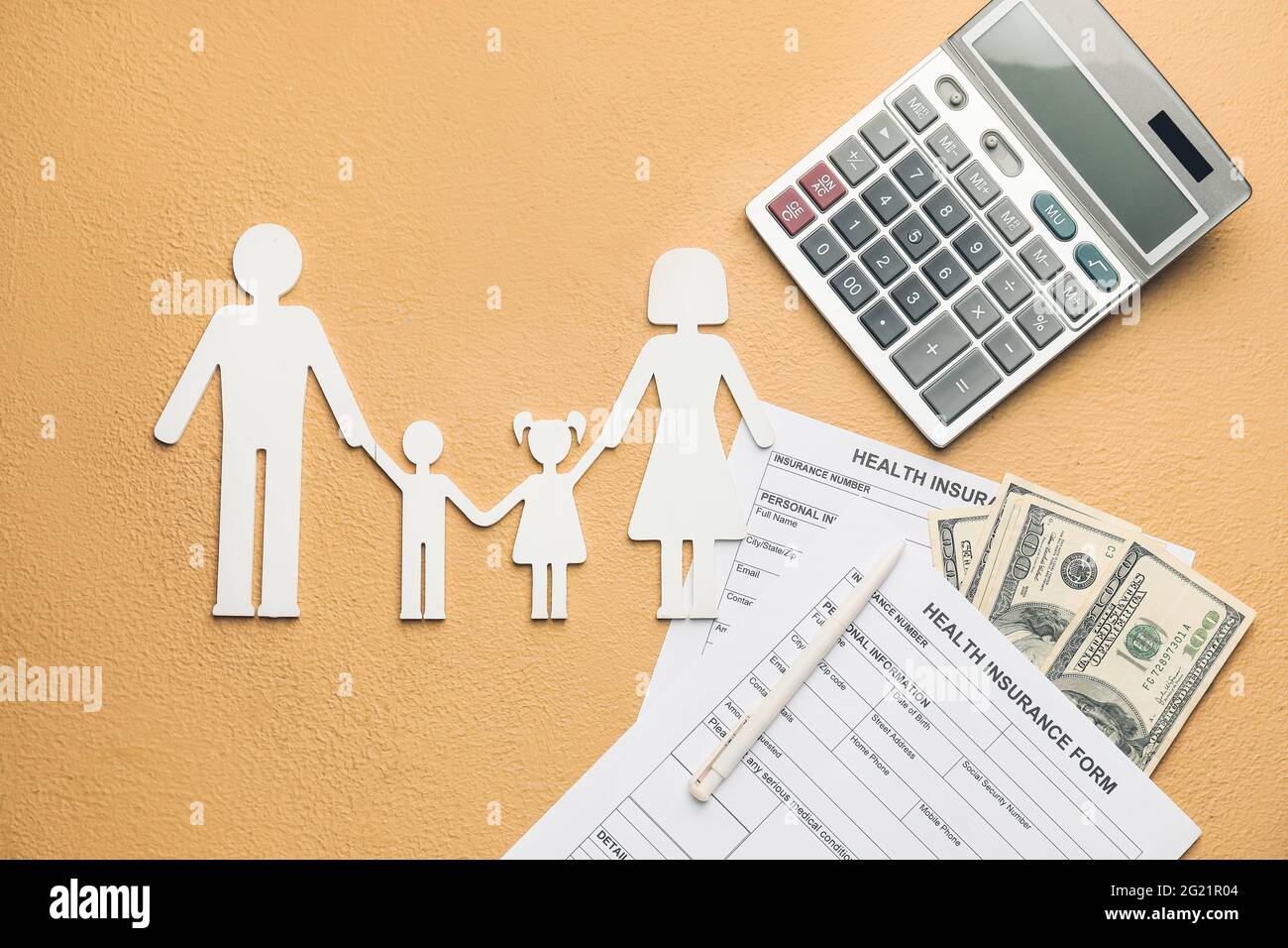 Family figures with health insurance form and calculator on color ...