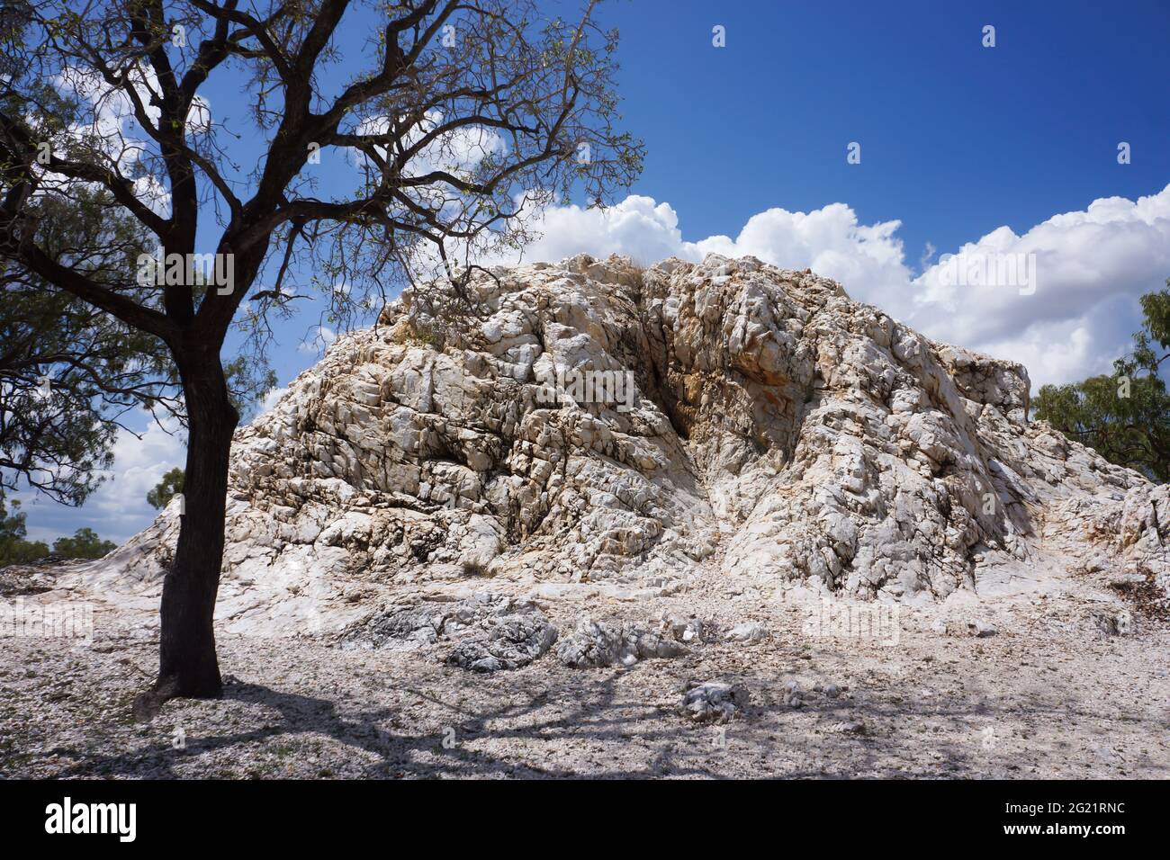 The white blow quartz outcrop near Ravenswood, Queensland, Australia is ...