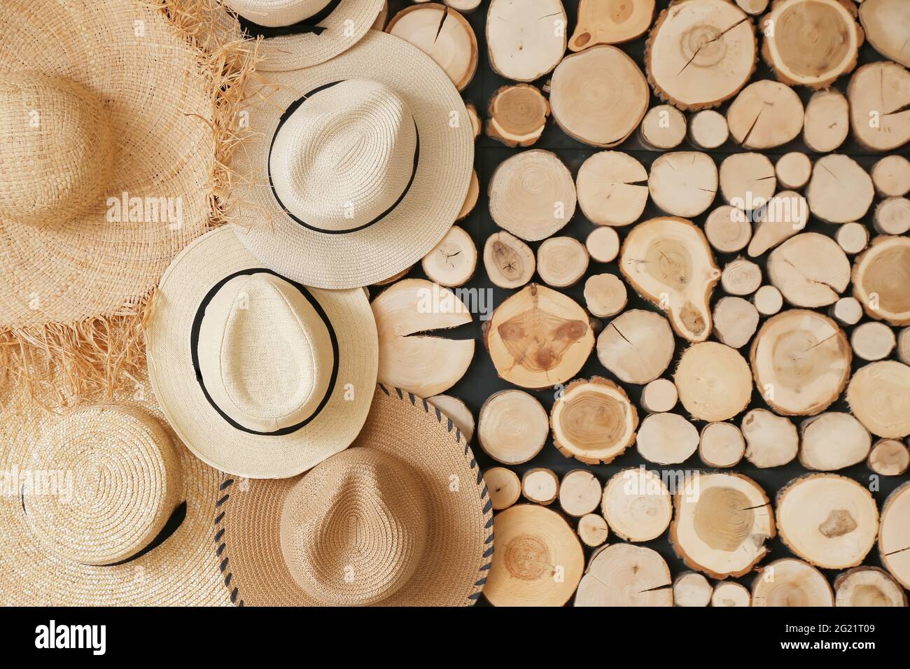 Stylish hats hanging on wooden wall Stock Photo - Alamy