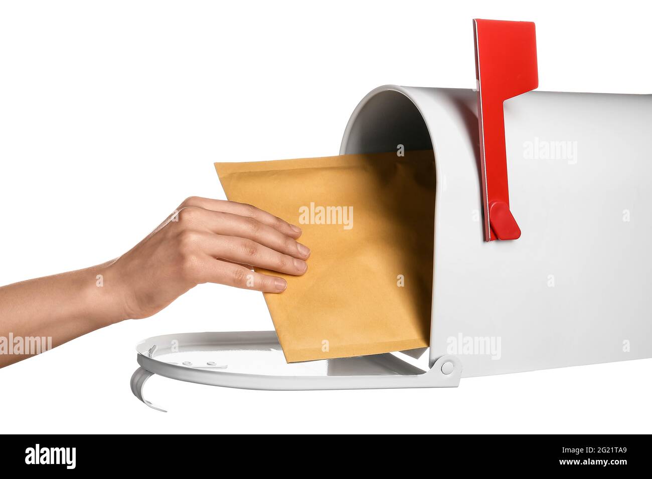 Woman getting letter from mail box on white background Stock Photo - Alamy