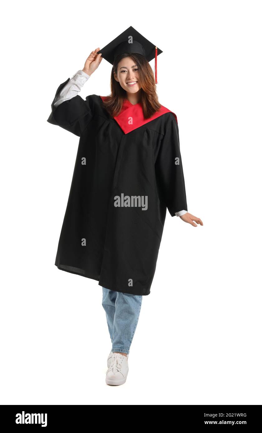Female graduating student on white background Stock Photo - Alamy