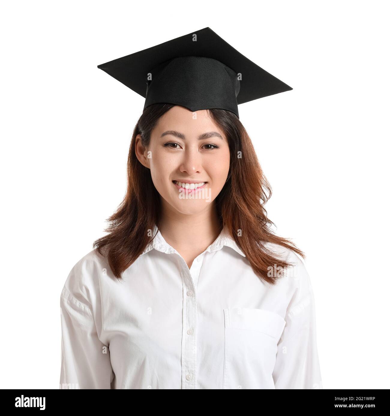Female graduating student on white background Stock Photo - Alamy
