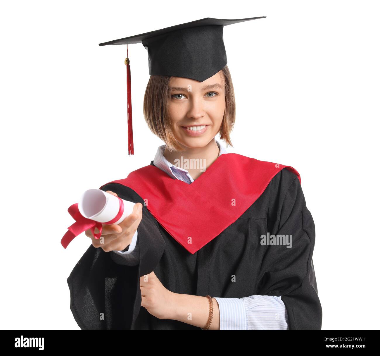 Female graduating student with diploma on white background Stock Photo ...