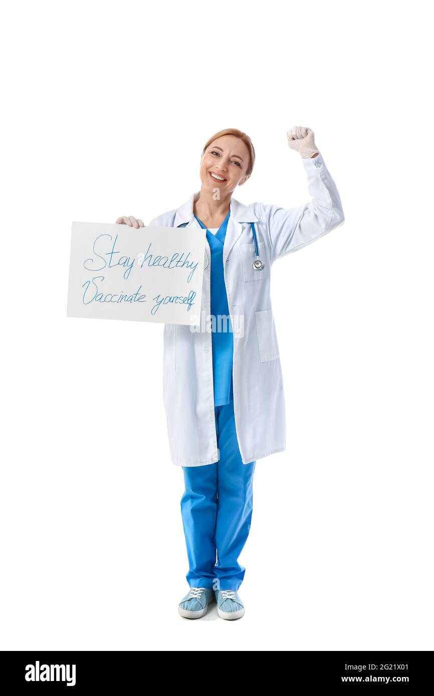 Happy doctor holding poster with text STAY HEALTHY VACCINATE YOURSELF ...